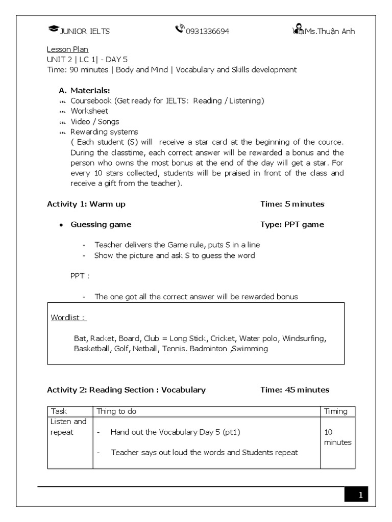 Lesson Plan Day 5 - Junior IELTS | PDF