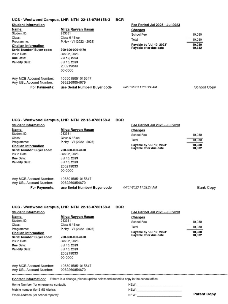 Fee Challan for Mirza Rayyan Hasan | PDF | Service Industries | Payments