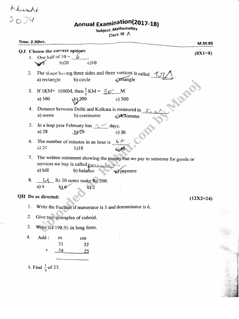 cbse-class-3-maths-question-paper-annual-exam-2018 | PDF