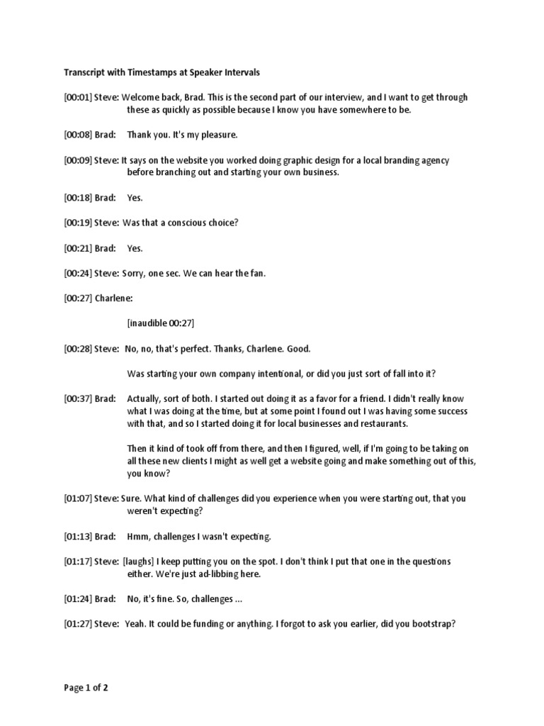 Interview Transcript Example Timestamps Speaker Intervals | PDF Interview Transcript Example Timestamps Speaker Intervals | PDF