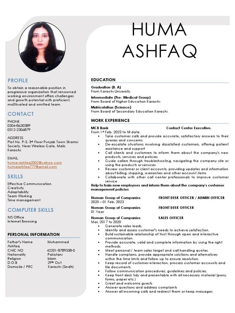 Huma Ashfaq CV | PDF | Call Centre | Sales