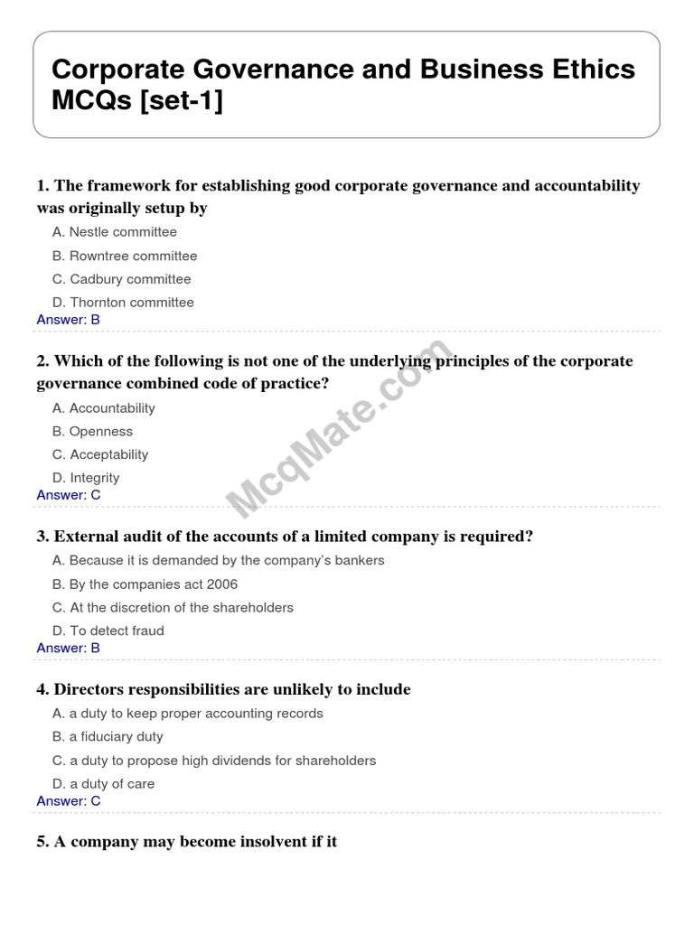 Corporate Governance and Business Ethics Solved MCQs (Set-1) | PDF Corporate Governance and Business Ethics Solved MCQs (Set-1) | PDF