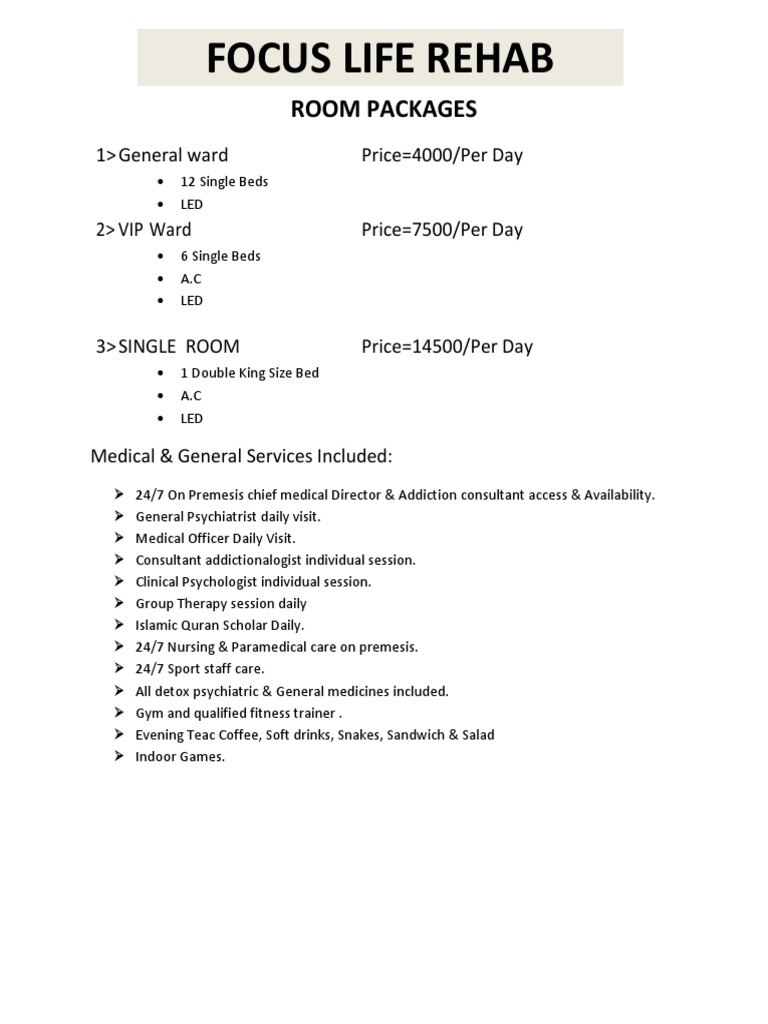 Room Packages Focus Life Rehab | PDF