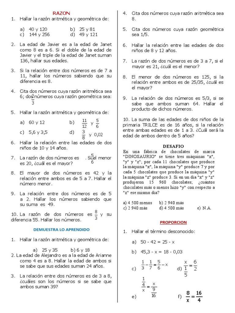Ejercicios de Razones y Proporciones 6to | PDF | Aritmética | Matemáticas