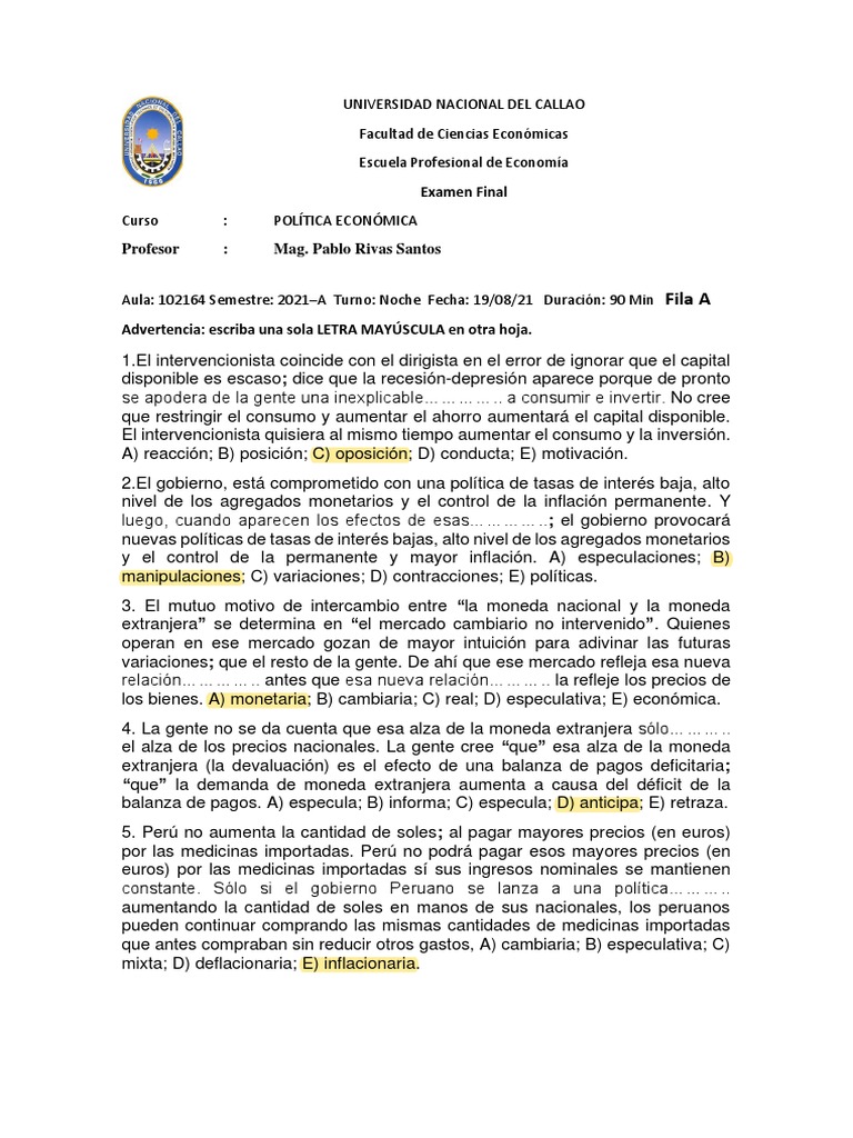 Exa Fin Pol Econ 19 Ago 2021 Resuelto | PDF | Inflación | Tipo de cambio