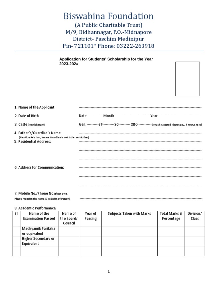 Scholarship Application Form 2023-2024 | PDF
