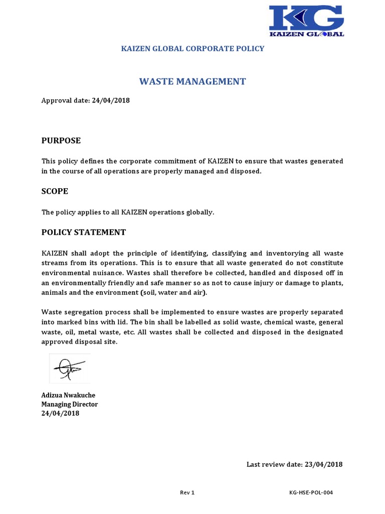 Waste Management Policy | PDF