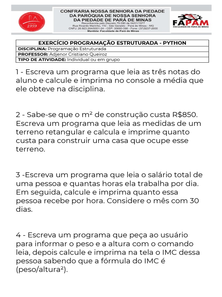 Exercício Aula 6 - Aula 1 Python | PDF
