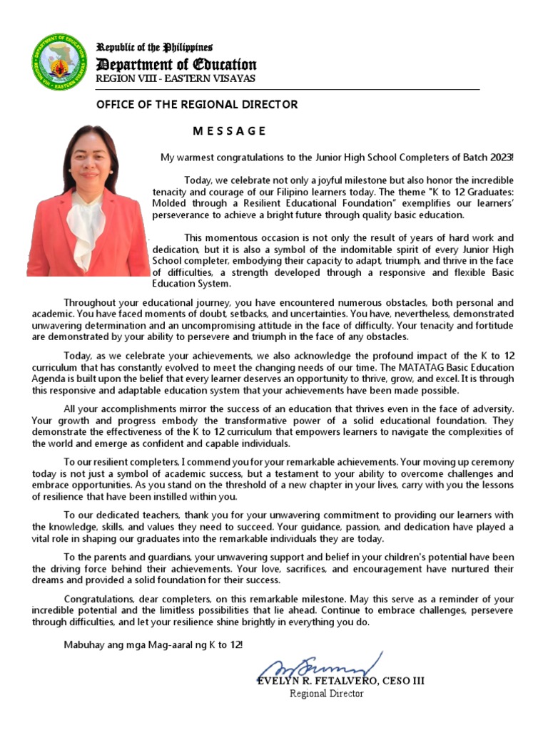 Message For Moving Up Ceremony Junior High School | PDF | Courage ...