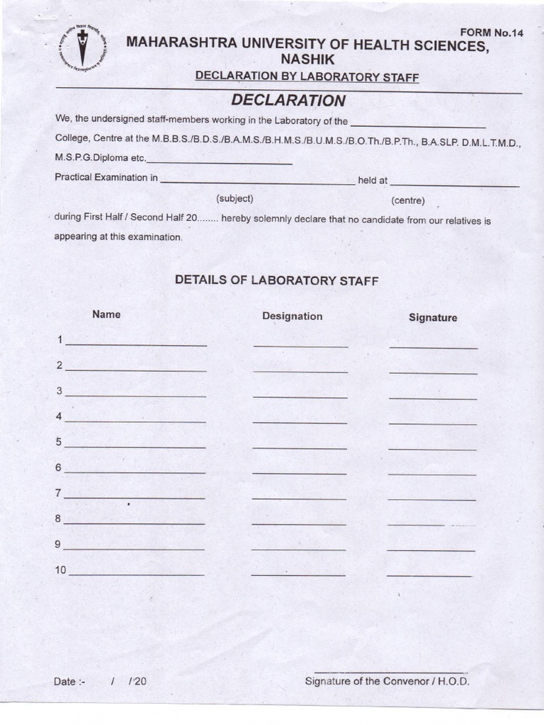 Declaration by Laboratory Staff Form No 14 190514 | PDF