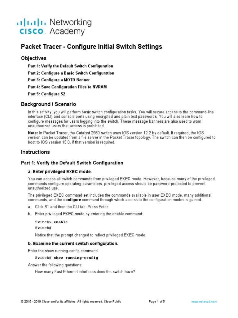 2.5.5 Packet Tracer - Configure Initial Switch Settings | PDF | Command ... 2.5.5 Packet Tracer - Configure Initial Switch Settings | PDF | Command ...