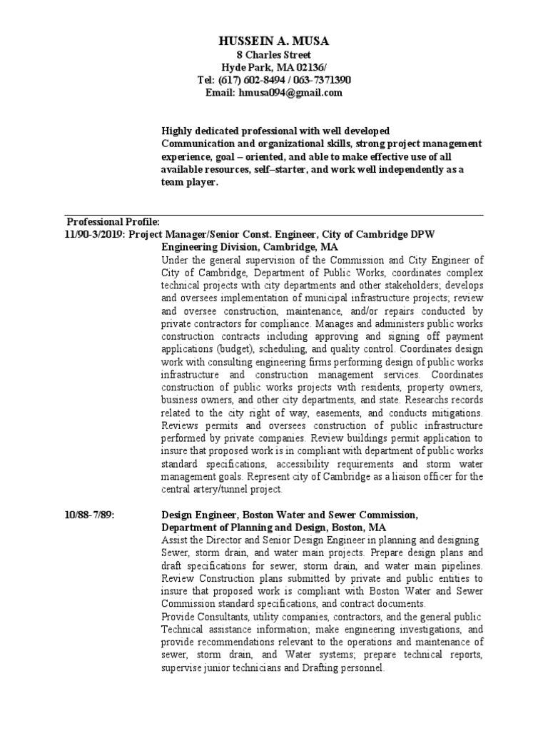 Hussein Musa Resume | PDF | Construction Management | Business