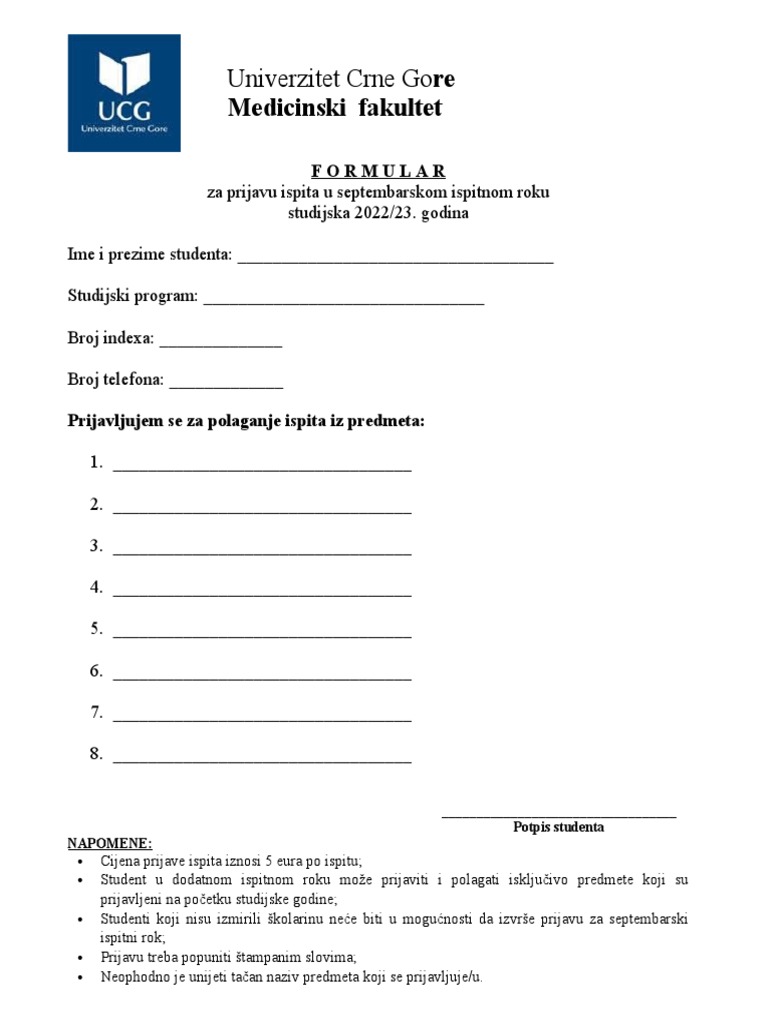Formular Za Prijavu Ispita Za Septembarski Rok | PDF