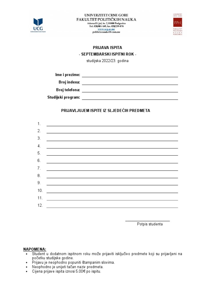 Formular Za Prijavu Ispita | PDF