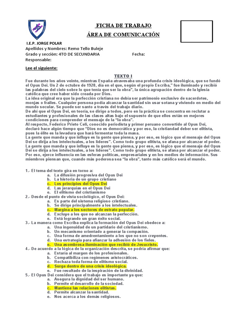FICHA DE COMUNICACIÓN 4TO SEC Remo Tello | PDF | Santo