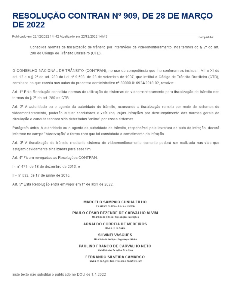 Resolução CONTRAN 909.2022 | PDF | Tráfego | Ministério (departamento ...