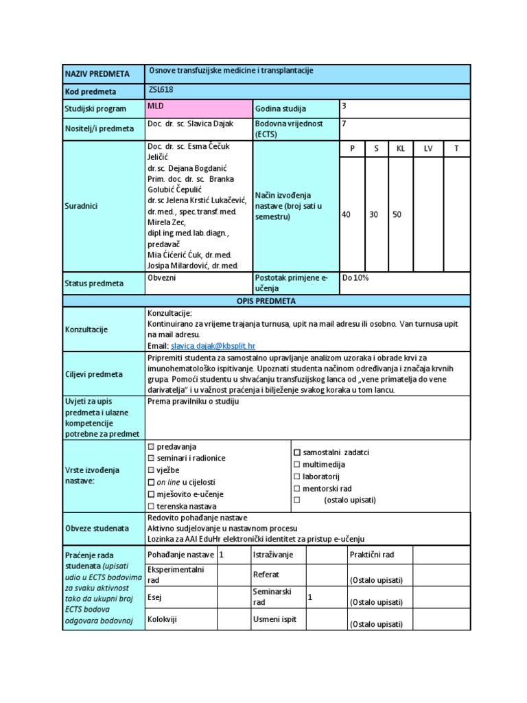 Osnove Transfuzijske Medicine I Transplantacije Opis Predmeta | PDF