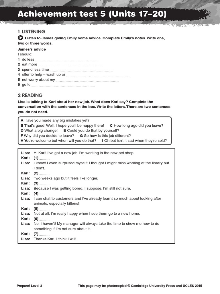 Prepare Level 3 Achievement Test 5 U17-20 | PDF