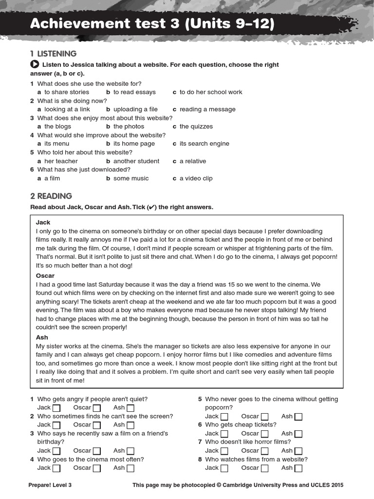 Prepare Level 3 Achievement Test 3 U9-12 | PDF