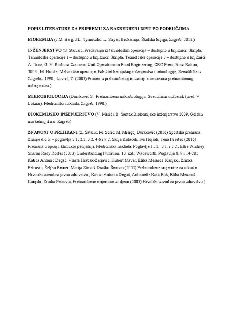 Popis Literature Za Pripremu Za Razredbeni Ispit Po Područjima | PDF