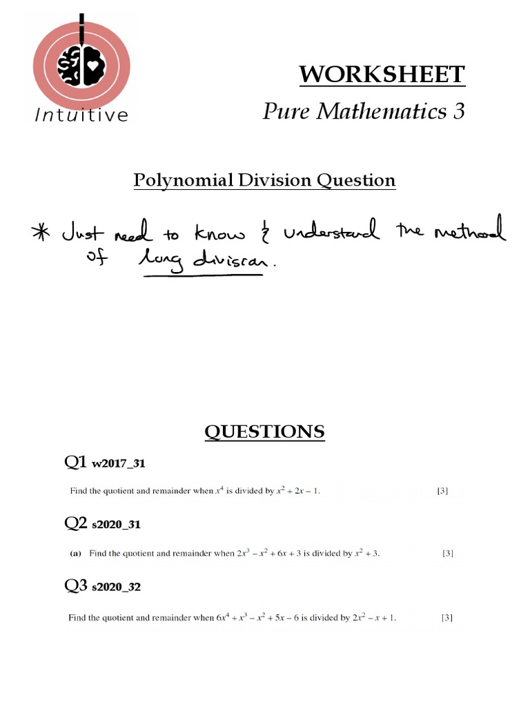 WORKSHEET - Polynomial Division Quesiton | PDF | Teaching Methods & Materials
