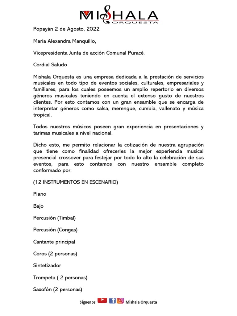 Cotización Agosto MISHALA ORQUESTA | PDF | Musica Latinoamericana | Las ...