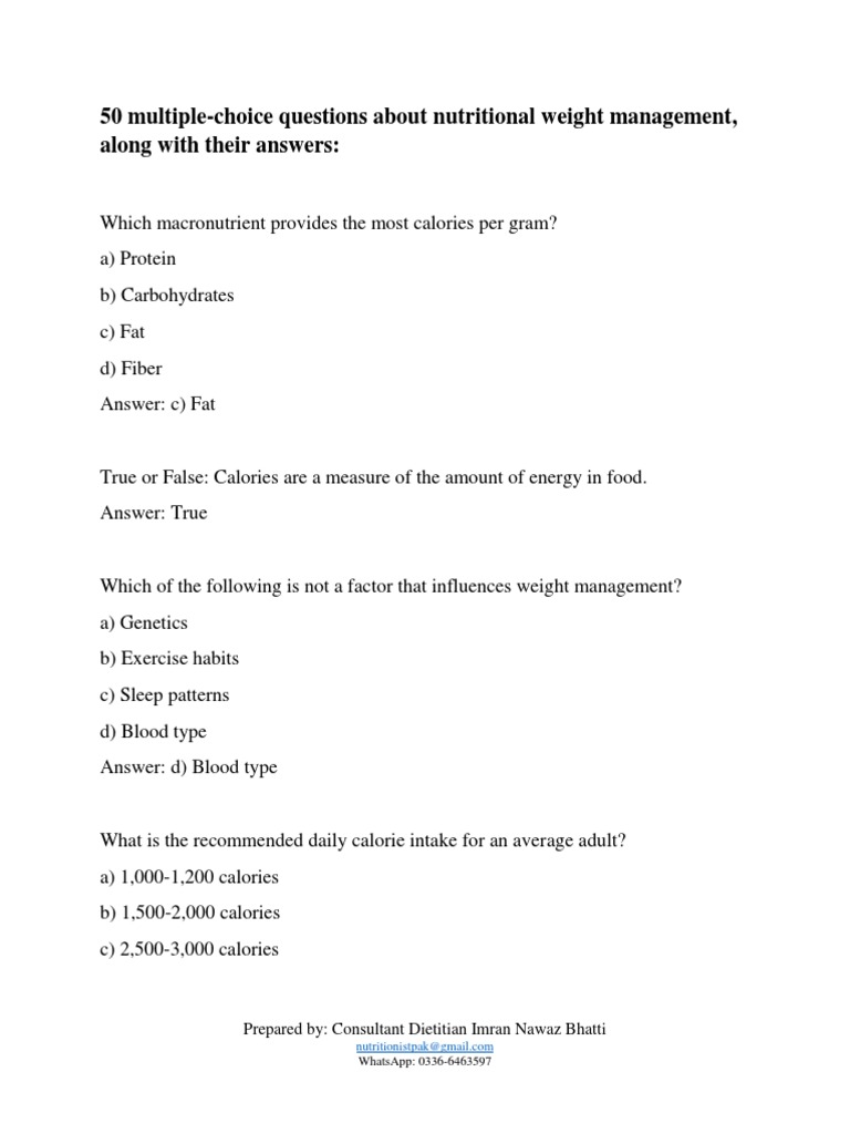 Nutrition Quiz for Weight Management | PDF | Weight Management | Food ...