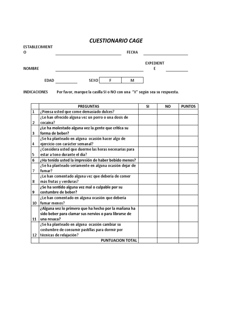 Escala para Deteccion de Consumo de Alcohol Cage | PDF