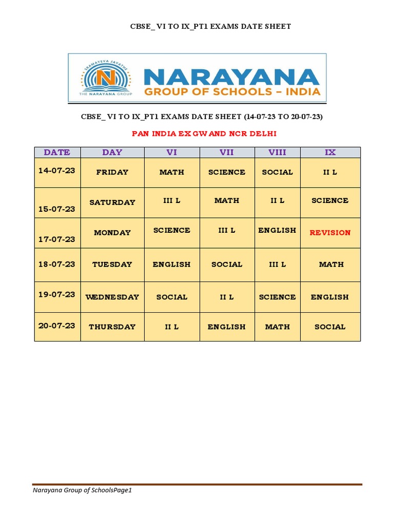 Final Cbse Vi To Ix PT1 Date Sheet Pan India Ex GW NCR Del 2023-24 | PDF