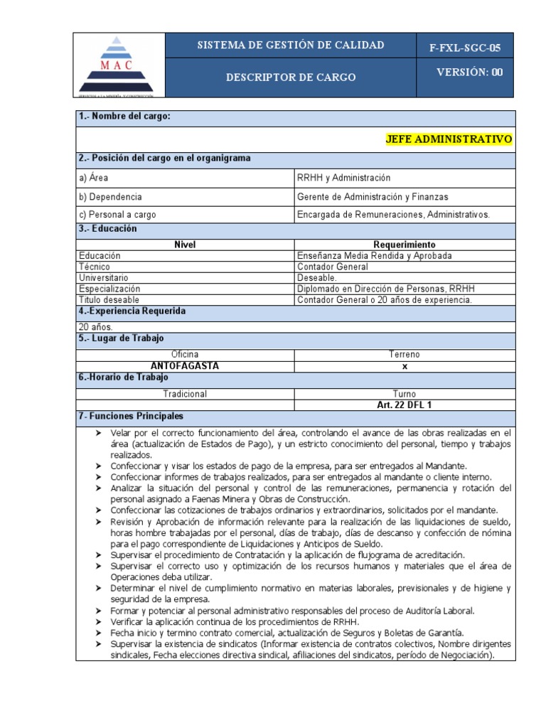 Descriptor de Cargo - Jefe Administrativo | PDF