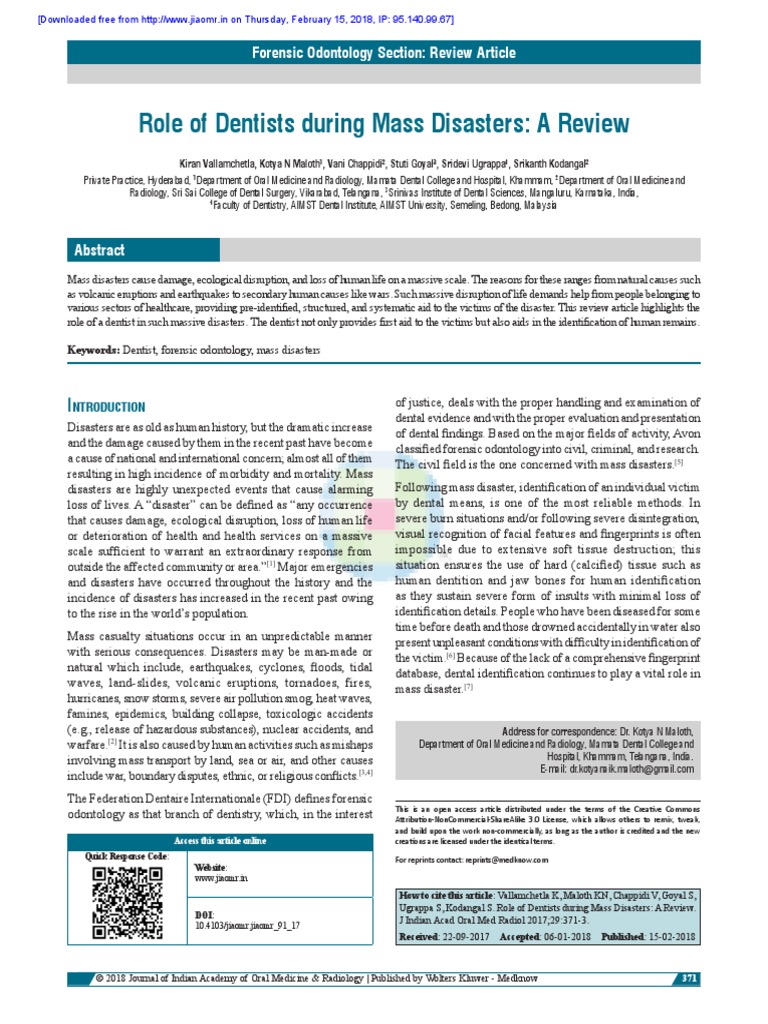 Role of Dentists During Mass Disasters: A Review: Forensic Odontology ...