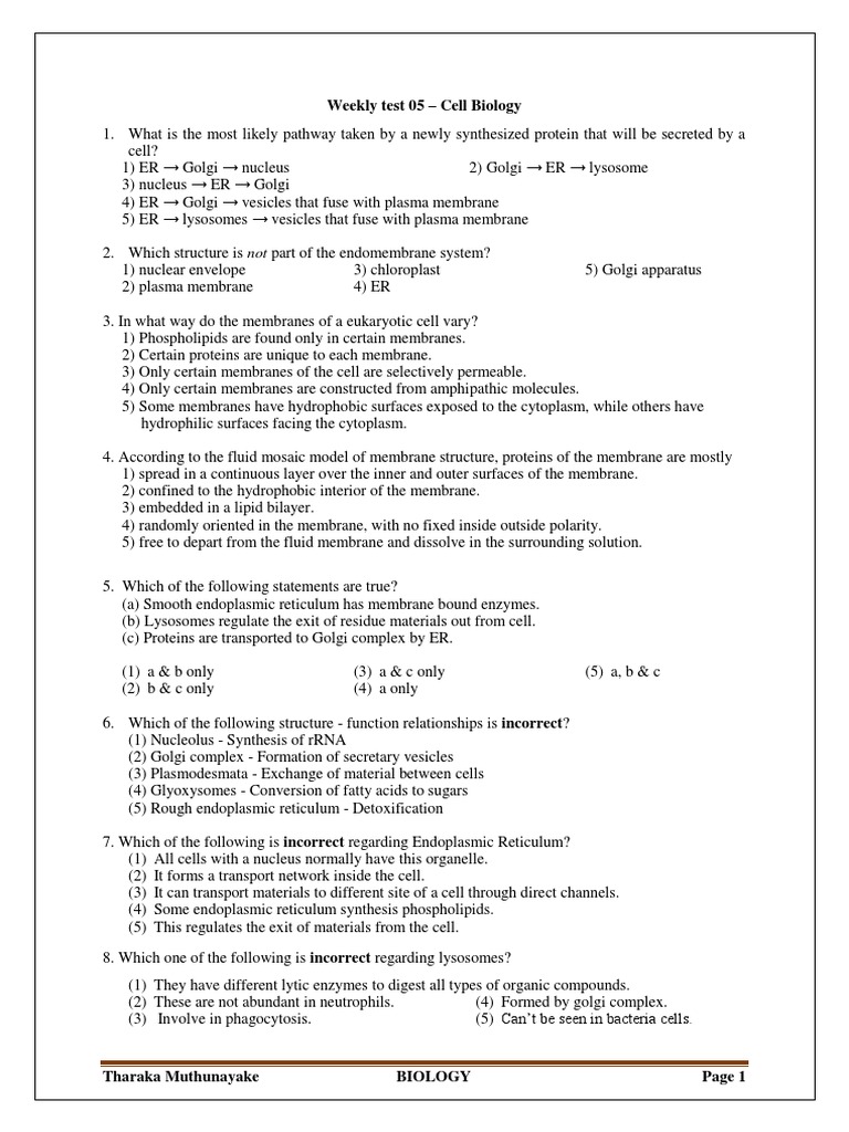 Weekly Test 05 - Cell Biology | PDF | Cell Membrane | Endoplasmic Reticulum
