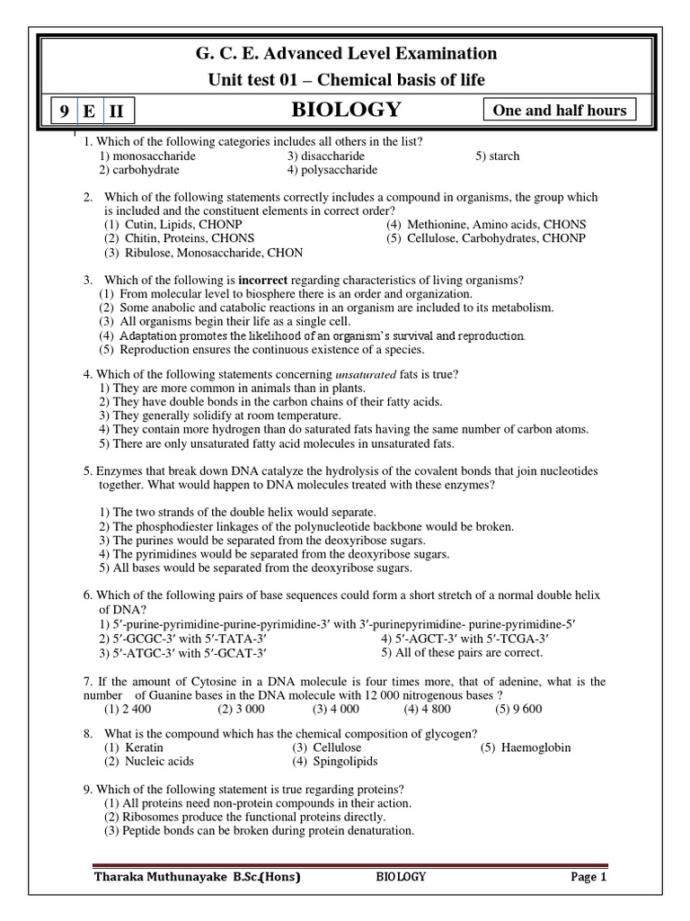 Unit Test-1 - Chemical Basis of Life | PDF | Proteins | Nucleic Acids