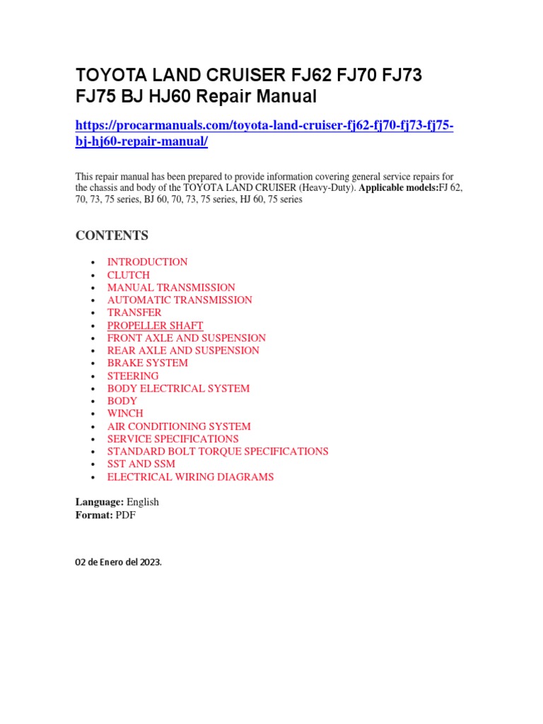 000 Toyota Land Cruiser Fj62 Fj70 Fj73 Fj75 BJ Hj60 Repair Manual | PDF