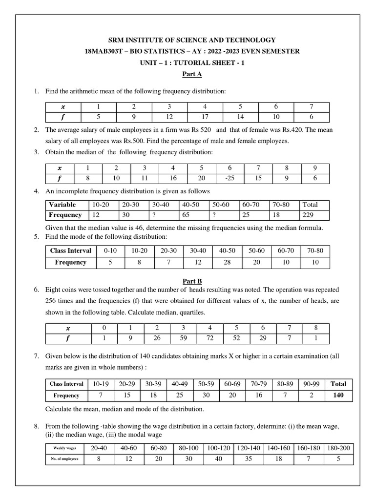 Unit 1 - Tutorial Sheet 1 - 18MAB303T - 22-23 Even | PDF | Mean | Mode (Statistics)