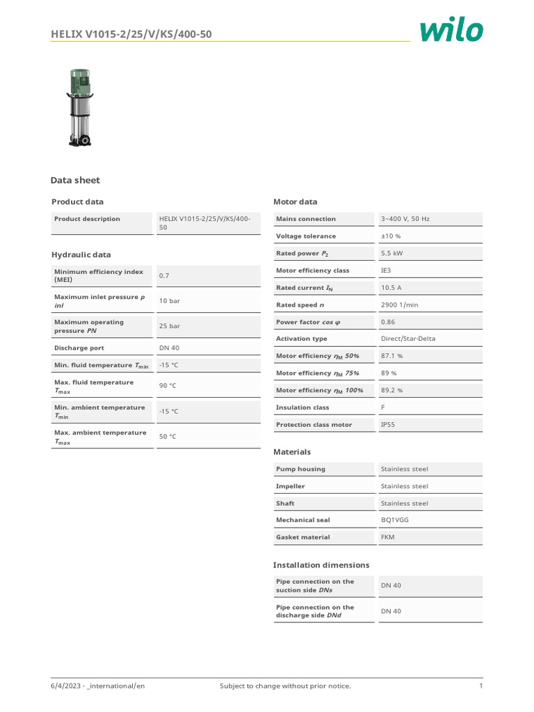 Wilo Datasheet - International - en - 4150588 - Helix v1015 2 25 V Ks ...