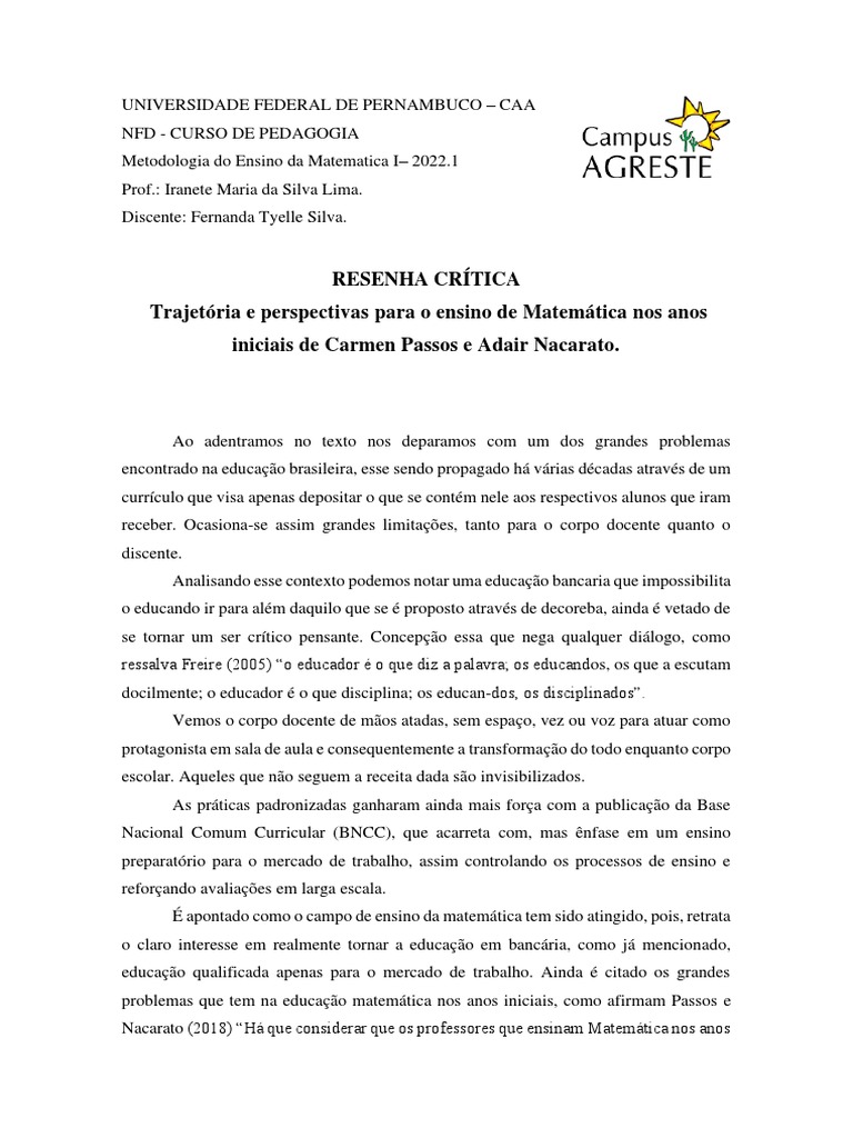 Resenha Crítica - Matemática - Fernanda Tyelle | PDF