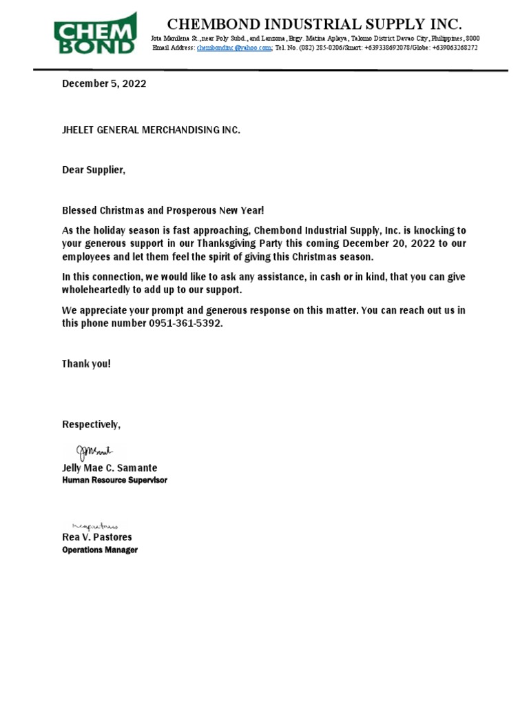 Letter - Christmas Solicitation To Supplier | PDF