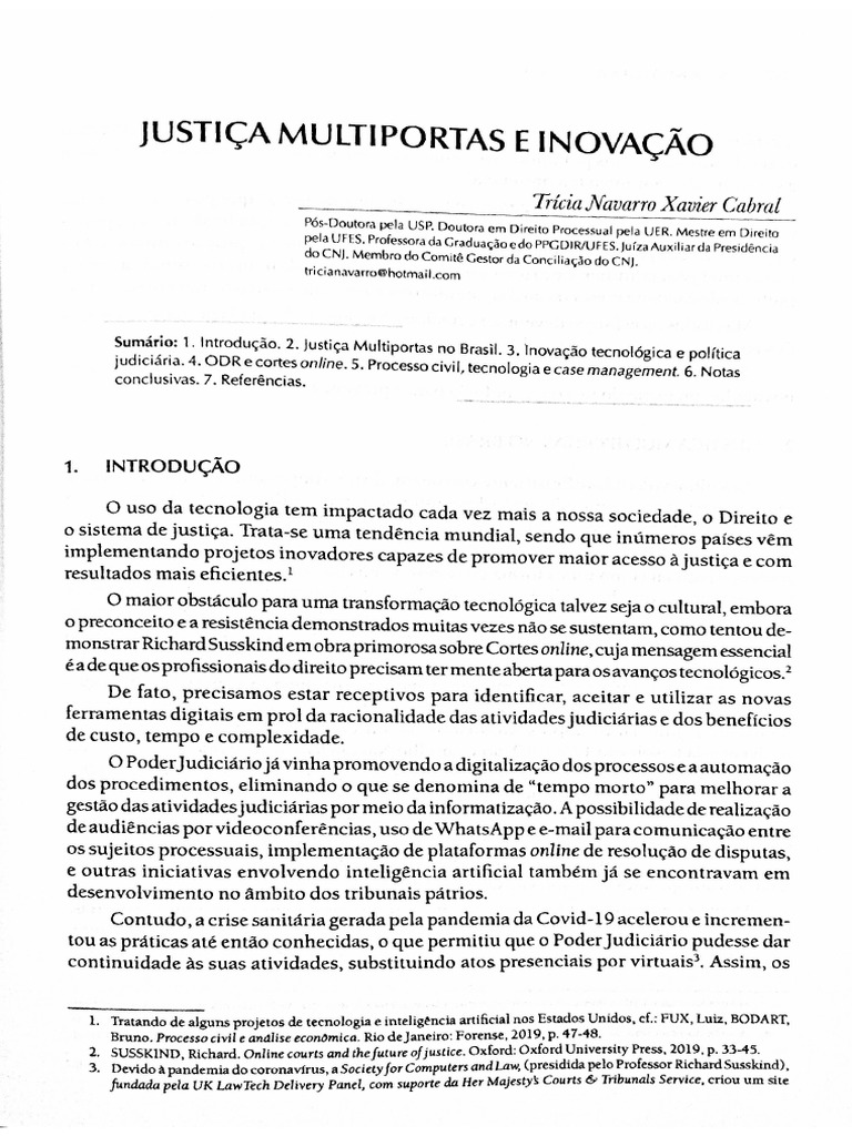 CABRAL, Trícia Navarro. Justiça Multiportas e Inovação. | PDF