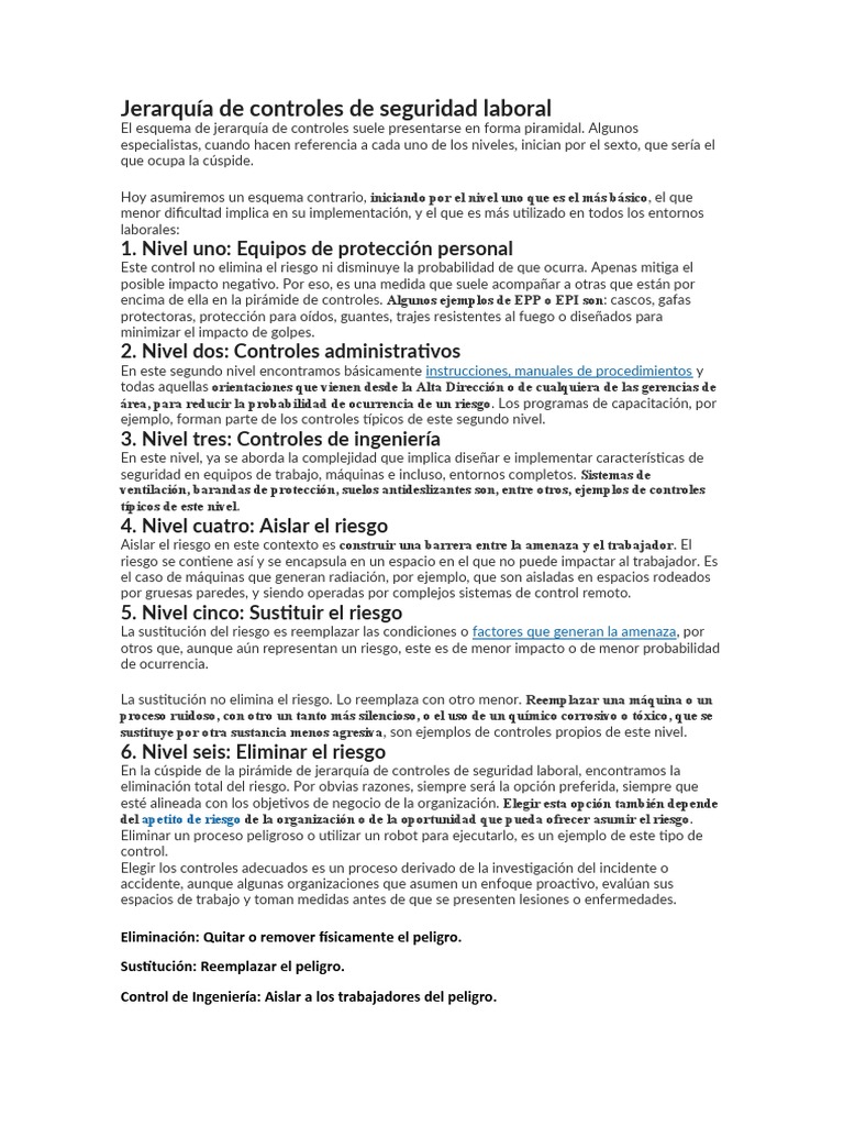 Jerarquía de Controles de Seguridad Laboral | PDF | Riesgo | Seguridad ...