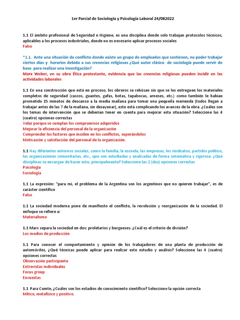 1er Parcial Sociolog y Psicolog Laboral (1) 24-8-2022 | PDF | Sicología | Psicología industrial ...
