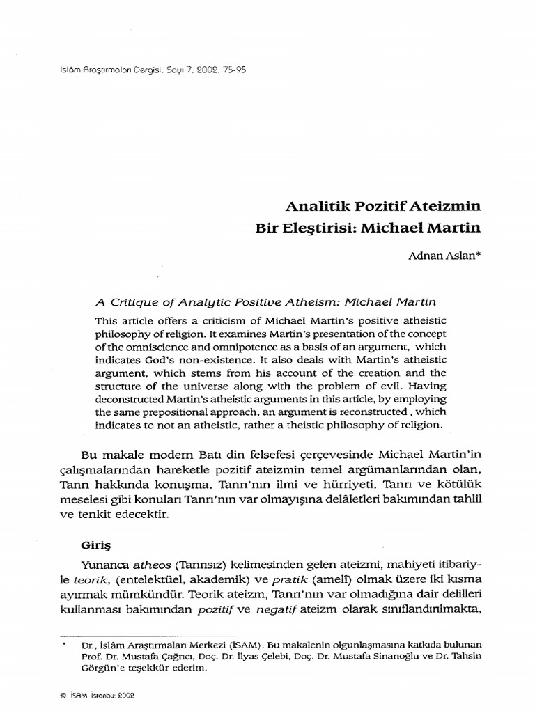 Adnan Aslan, Analitik Pozitif Ateizmin Bir Eleştirisi Michael Martin ...