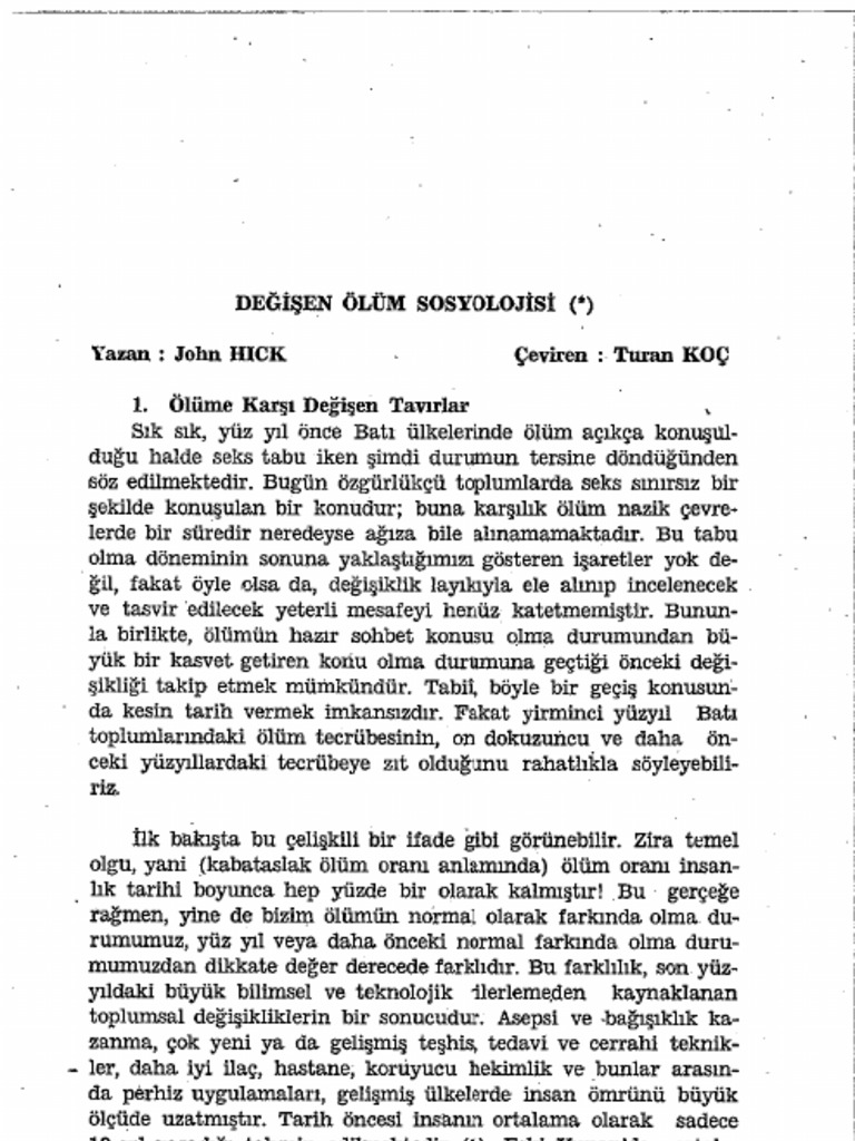 John Hick, Değişen Ölüm Sosyolojisi, Çeviren Turan Koç, Erciyes ...