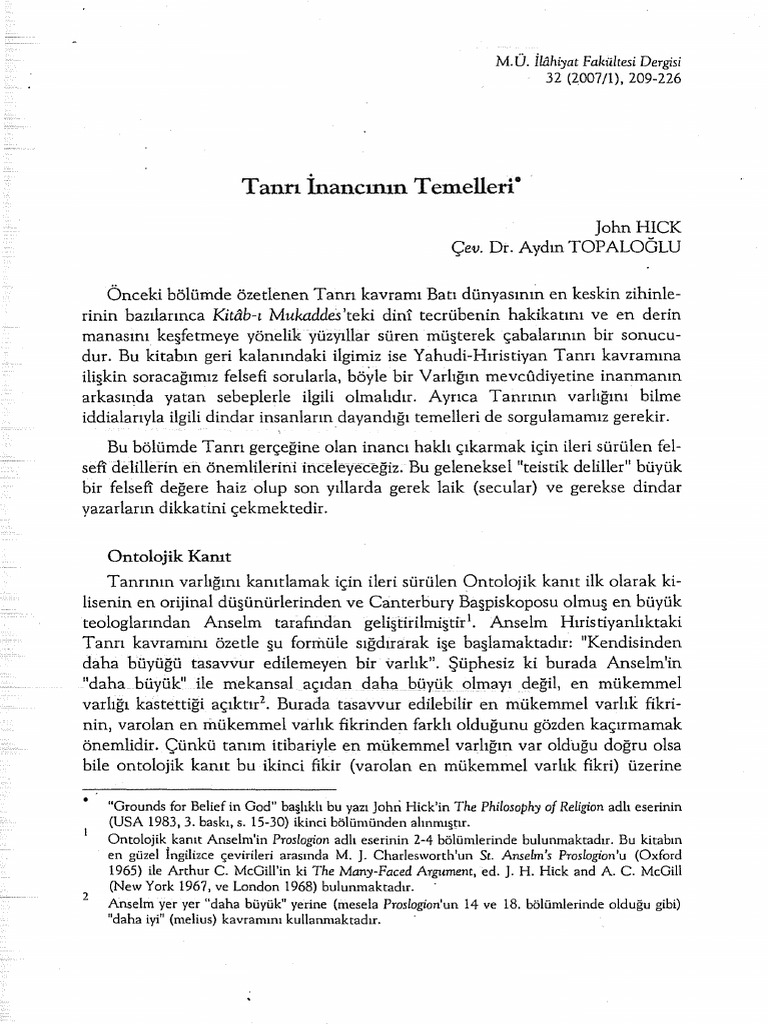 John Hick, Tanrı İnancının Temelleri, Çeviren Aydın Topaloğlu, Marmara ...