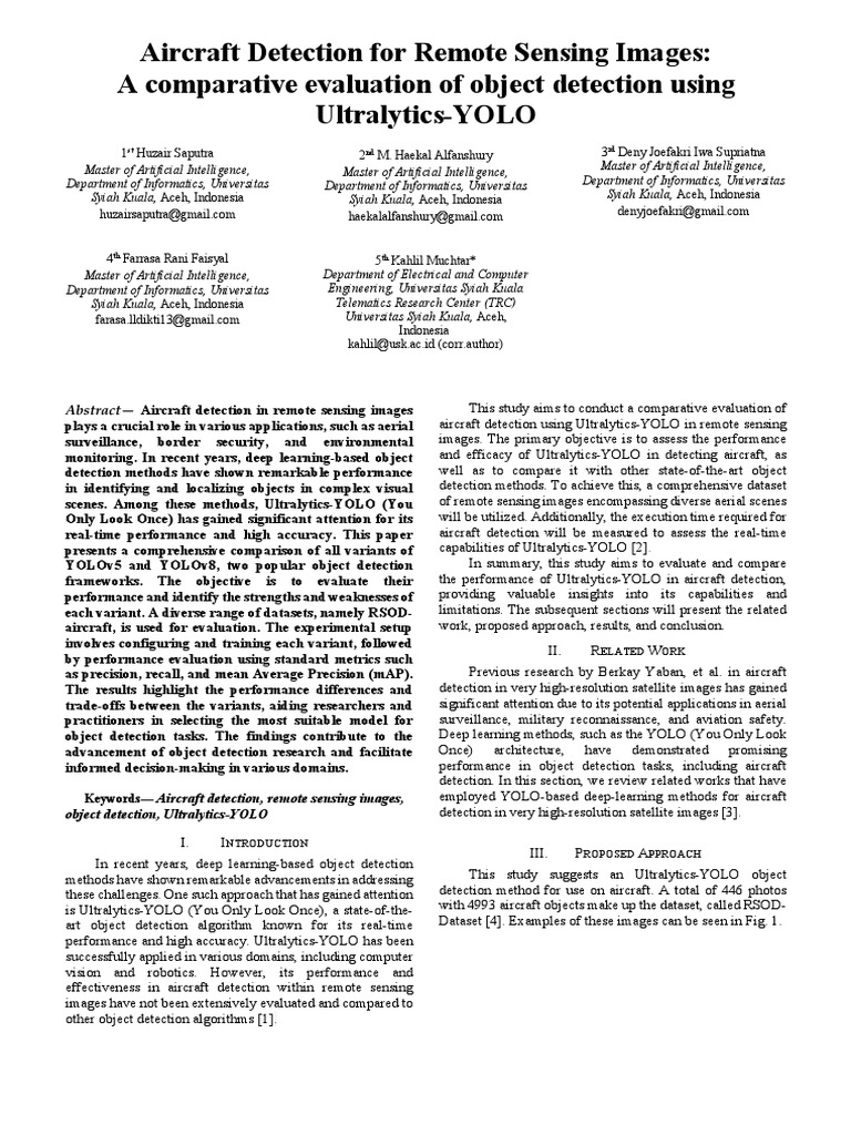 Aircraft Detection For Remote Sensing Images: A Comparative Evaluation of Object Detection Using ...