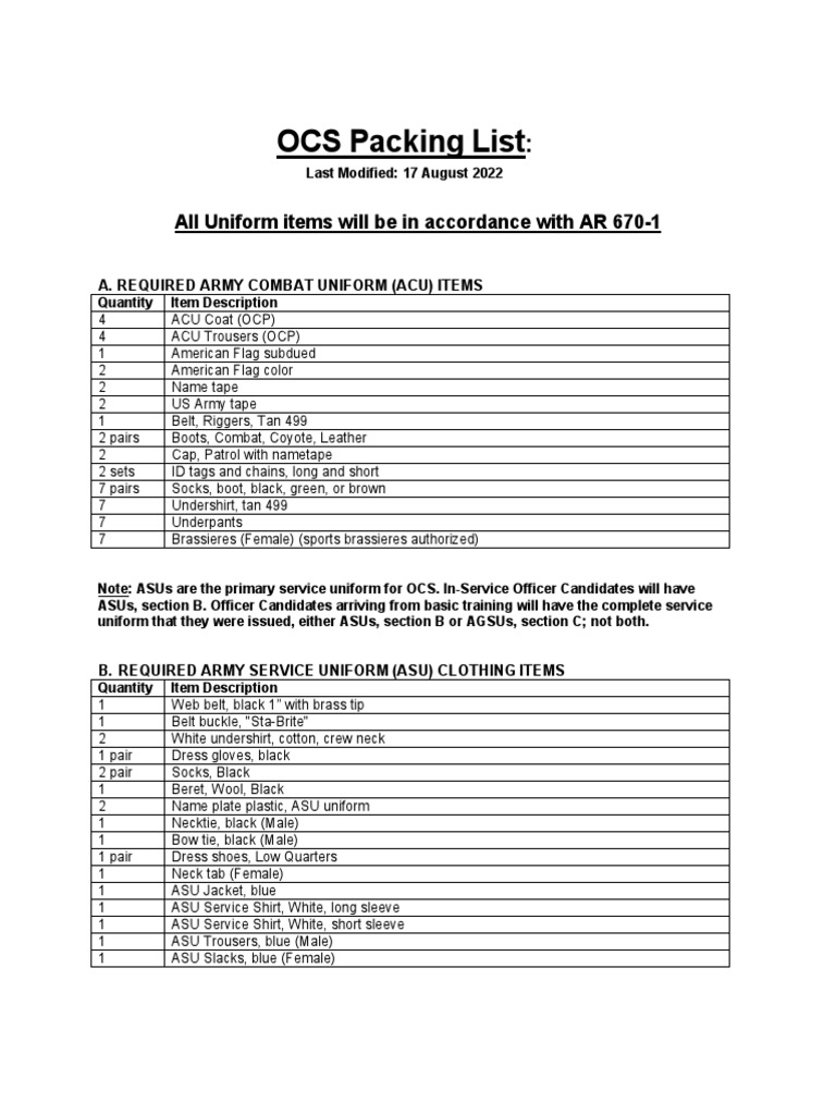 3-11 IN REGT (OCS) Packing List | PDF