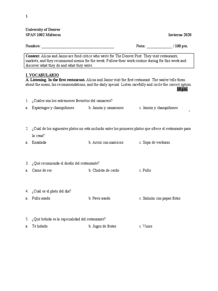 SPAN1002 Examen Intermedio Javier | PDF | ensalada | Ingredientes de comida