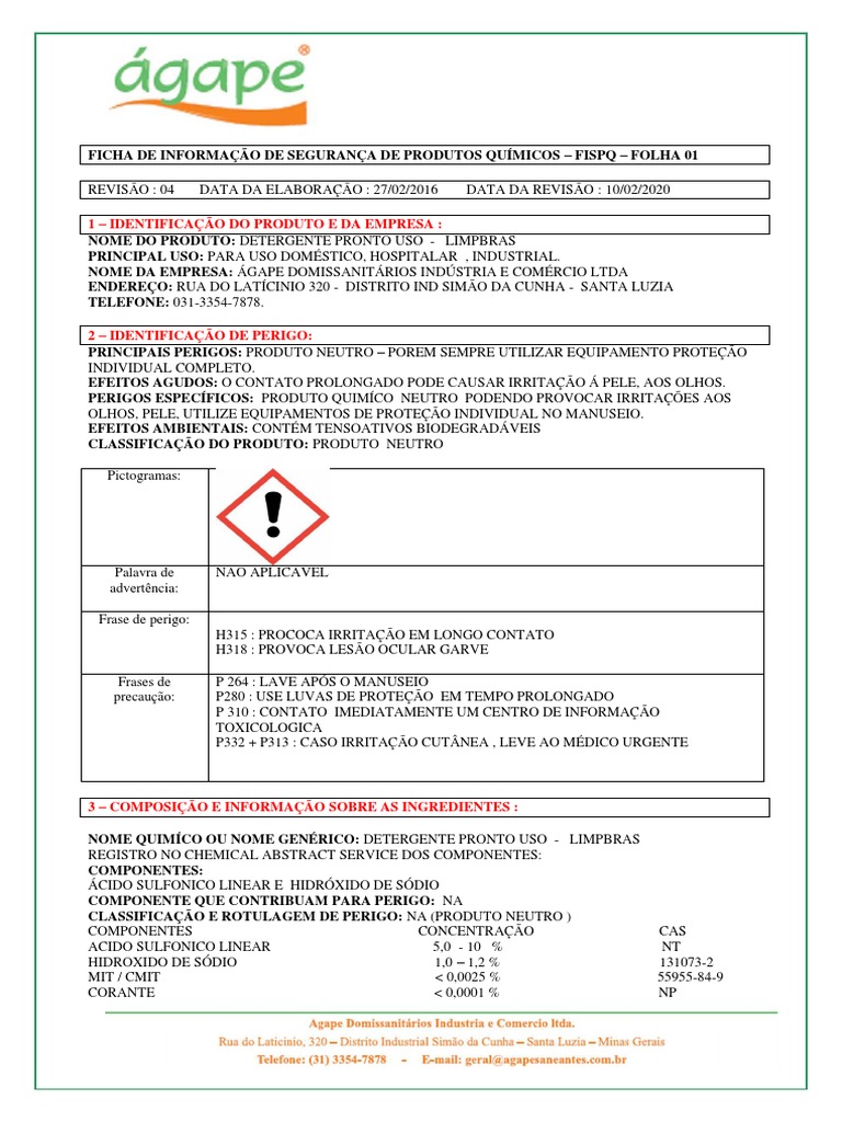 Agape Fispq Detergente Pronto Uso 2021 | PDF | Embalagem e rotulagem | Química