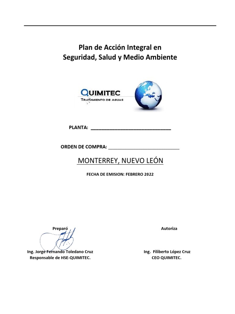 Plan de Acción Integral en HSE - QUIMITEC - 2022 | PDF