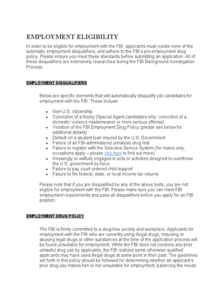 FBI Employment Eligibility Criteria | PDF | Cannabis (Drug ...